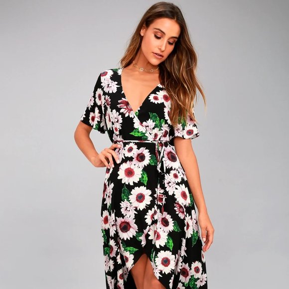 Lulus | Dresses | Lulus Flower Market Black Floral Print Highlow Wrap ...